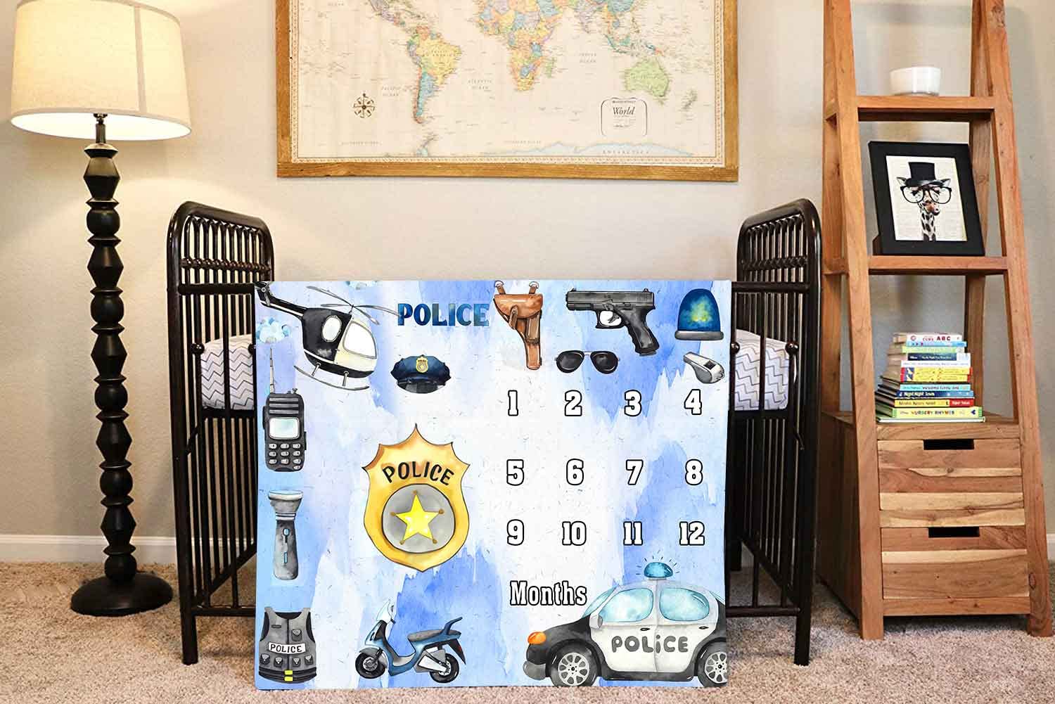 LUCKBTY Month Baby Milestone Blanket for Boy or Girl, Personalized Newborn Monthly Blanket for Pictures | Gun Police Theme Photography Blanket 48"x40" BTQQLU6