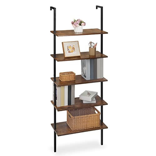 MoNiBloom 5-Tier Bookshelf Wall Mounted, 72 Inches Ladder Shelf with Metal Frame for Living Room Decor and Storage, Rustic Brown