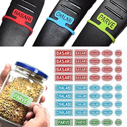 Kosher Kitchen Labels. Bundle of Silicone Tags and Adhesive Stickers for Jewish Kitchen. Basari - Meat, Chalabi - Dairy and Parve - Pareve Labels. Kitchen Storage and Organization Accessories