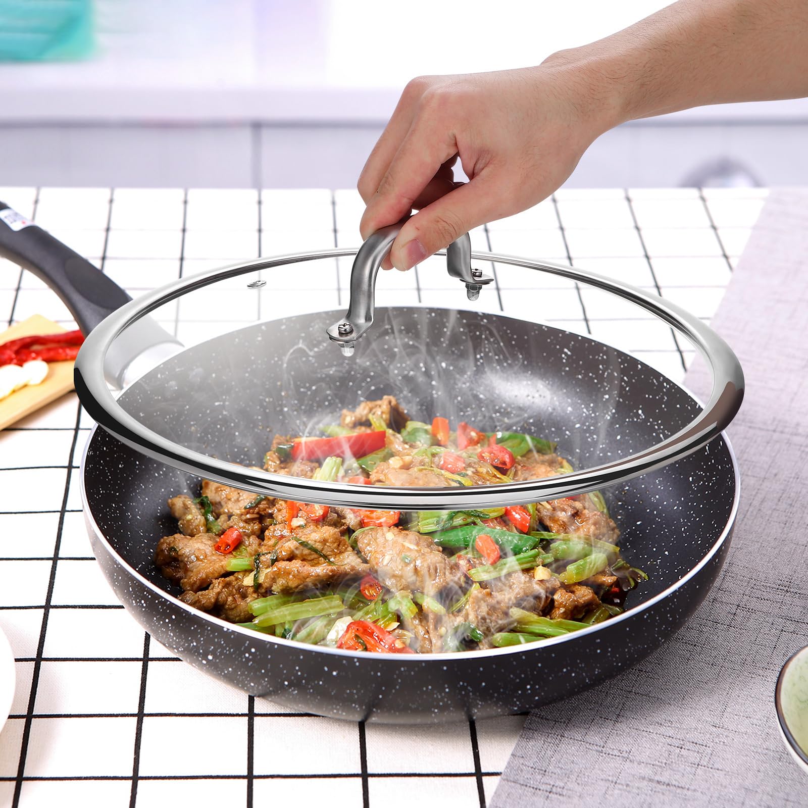 Luxshiny Terrarium Glass cast Iron lid Pot lid cookware Glass Cover Replacement Pot lids Frying pan Cover Thickened Visual Pot Cover Kitchen Universal lid for Accessories 13 inch pan lid BBQ Grill