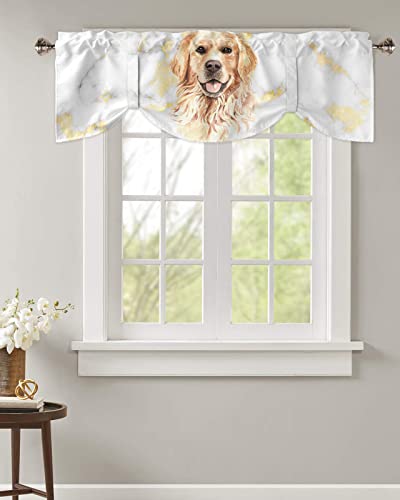 Tie Up Curtain Valance Window Topper 1 Panel 42x18in,Farm Cute Dog Gold White Marble Adjustable Rod Pocket Short Window Shade Valances for Kitchen Bedroom Windows,Modern Abstract Wild Symbol Stone
