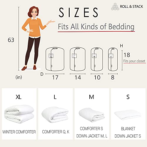 Roll&Stack Storage Bag Organizer for Comforters, Blankets, Bedding, Bulky Clothes, Puffer Jackets, Dust Proof, Breathable, Machine-Washable, Sturdy, High-density Premium Fabric, Easy to Organize, Space Bags - L (45L), Gray, 2 pack