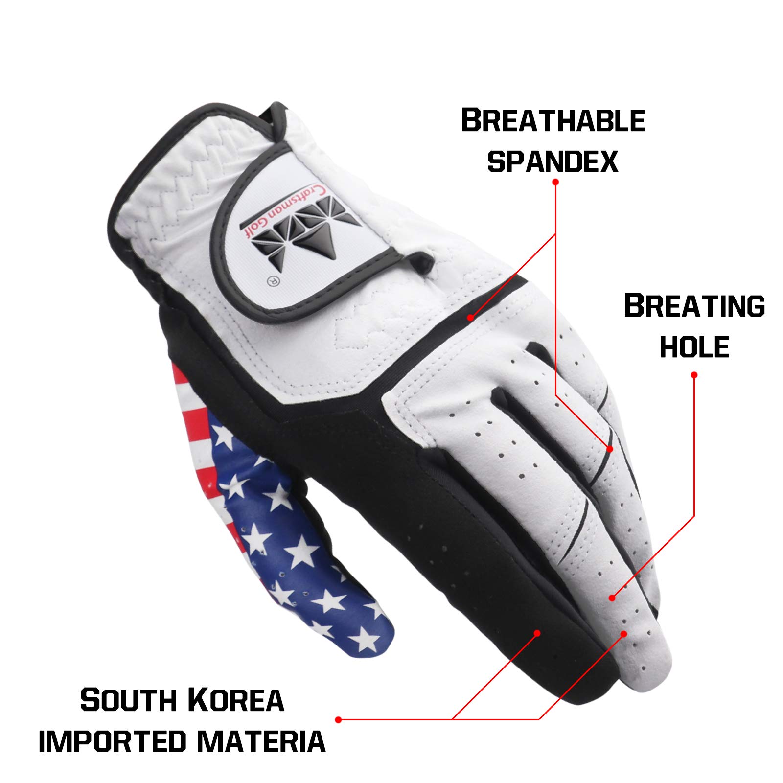 Craftsman Golf US Flag Stars Golf Glove White, Worn on Left Hand (M/L, 3pcs)
