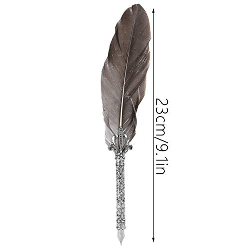Quill Pen with Carving,Vintage Feather Calligraphy Pen Ink Set with 5 Pen Tip Replacement,Ink Bottle,Handcrafted Feather Pen Gift Box(Grey)