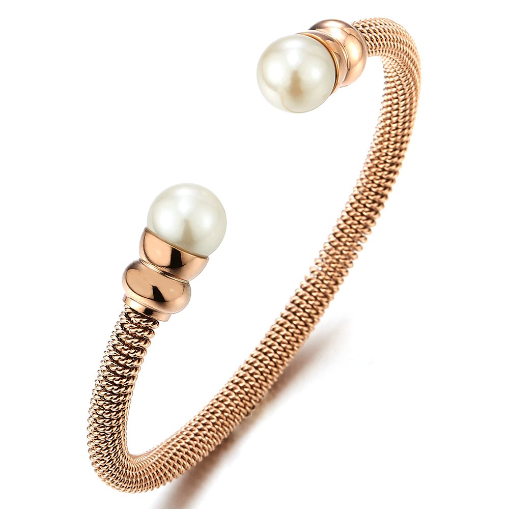 COOLSTEELANDBEYOND Classic Ladies Stainless Steel Gold Color Twisted Wire Bangle Bracelet with Synthetic White Pearl