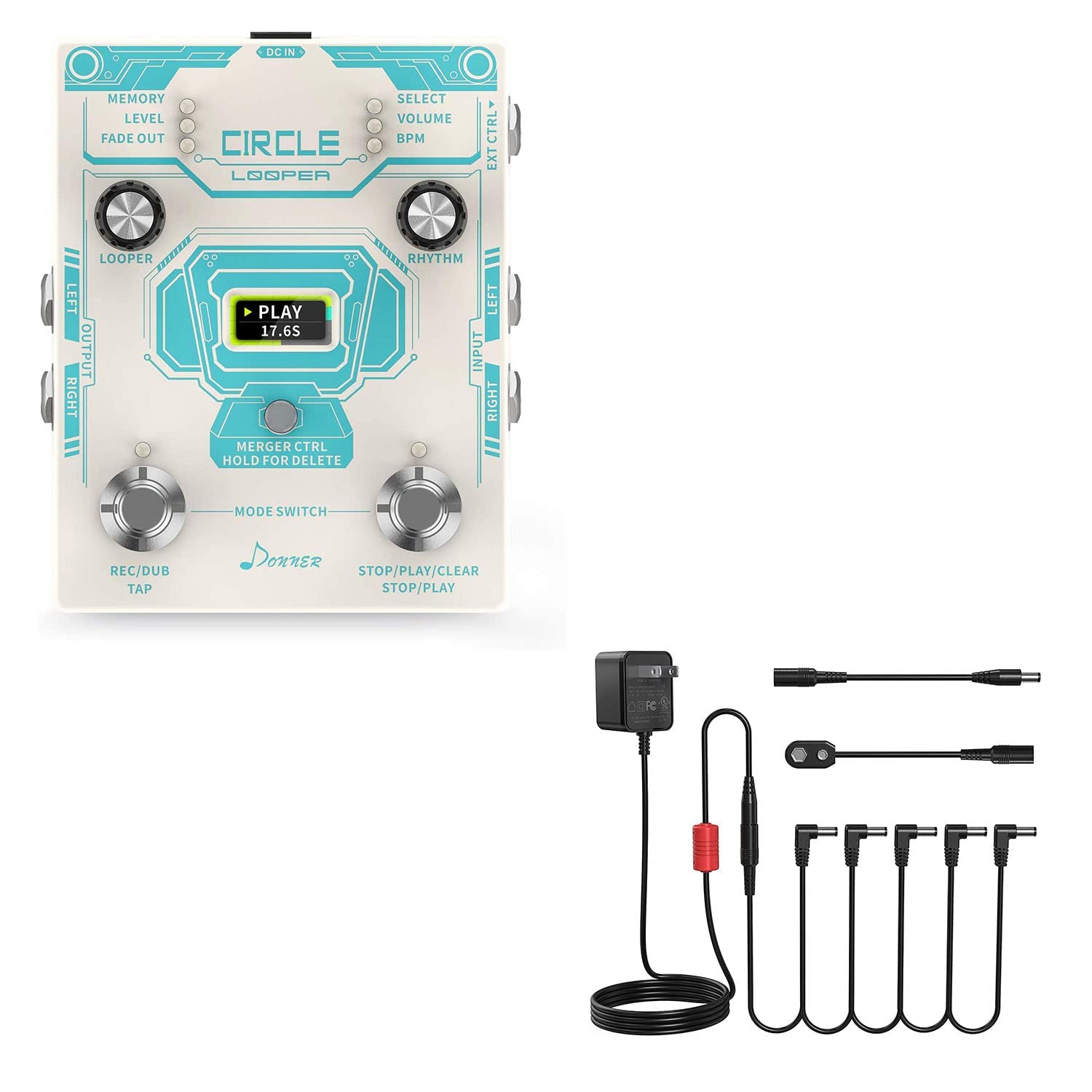 Donner Circle Looper Pedal & DPA-100 Guitar Pedal Power Supply Adapter 9V DC 1A Tip Negative 5 Way Daisy Chain Cables for Effect Pedal