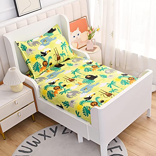 KWLOVER 2PC Soft Bed Fitted Sheet and Pillowcase Set for Single Bed, Cute Animals Printed Sheets for Kids Teen Boys Girls Twin Size Bed (Yellow, Twin)