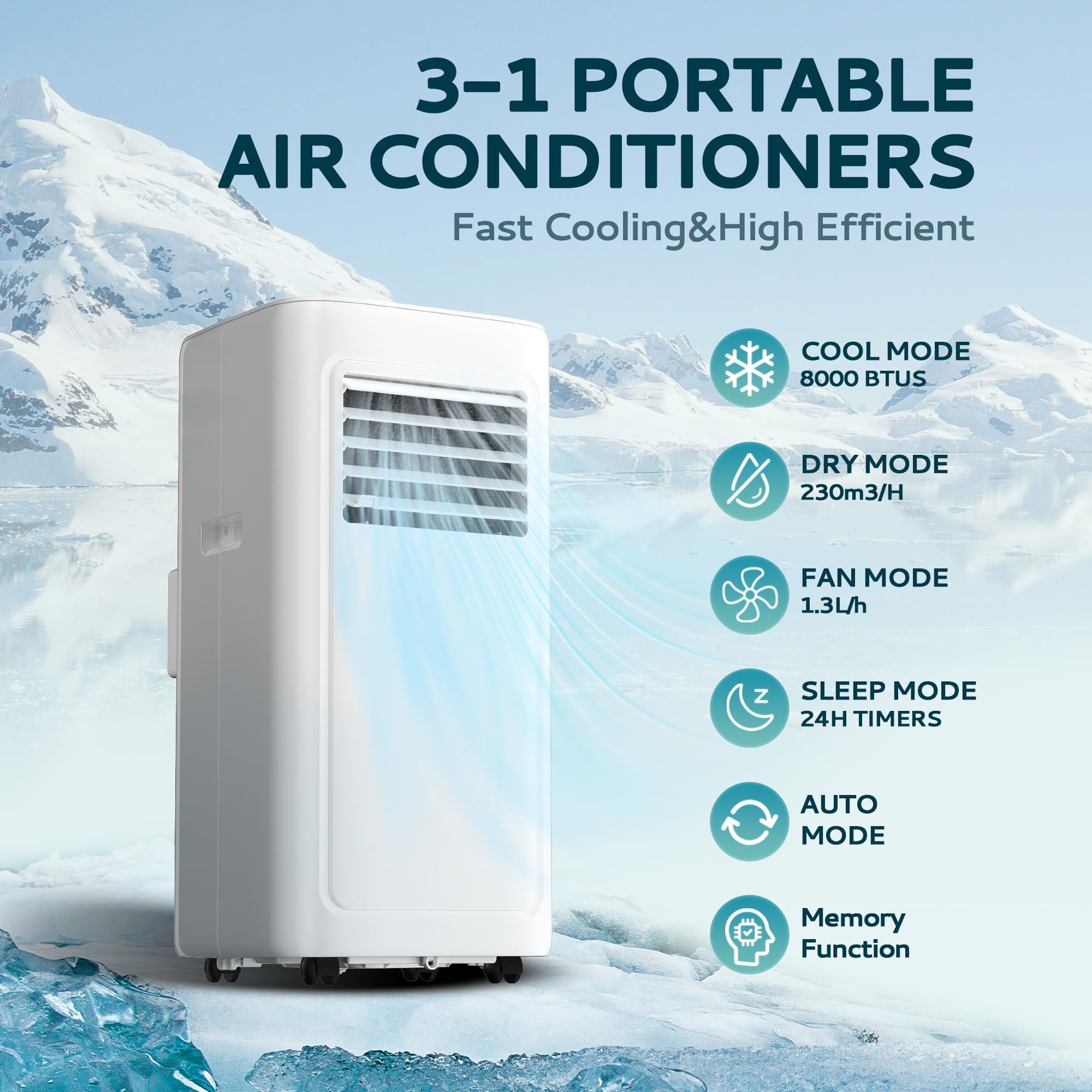 EUHOMY 8,000 BTU Portable Air Conditioner Floor Room AC Unit with Cool, Dehumidifier, Fan Mode,Portable Cooling AC Unit with Installation Kit with Remote Control up to 350 sq. ft.,White