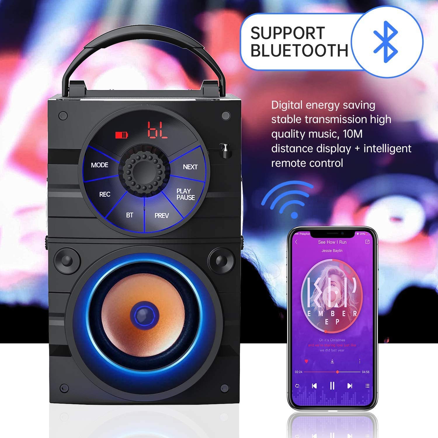 E I F E R Portable Bluetooth Party Speaker with Subwoofer, Heavy Bass, Wireless, FM Radio, Remote Control, LCD Display - for Outdoor/Indoor, Home, Phone, PC