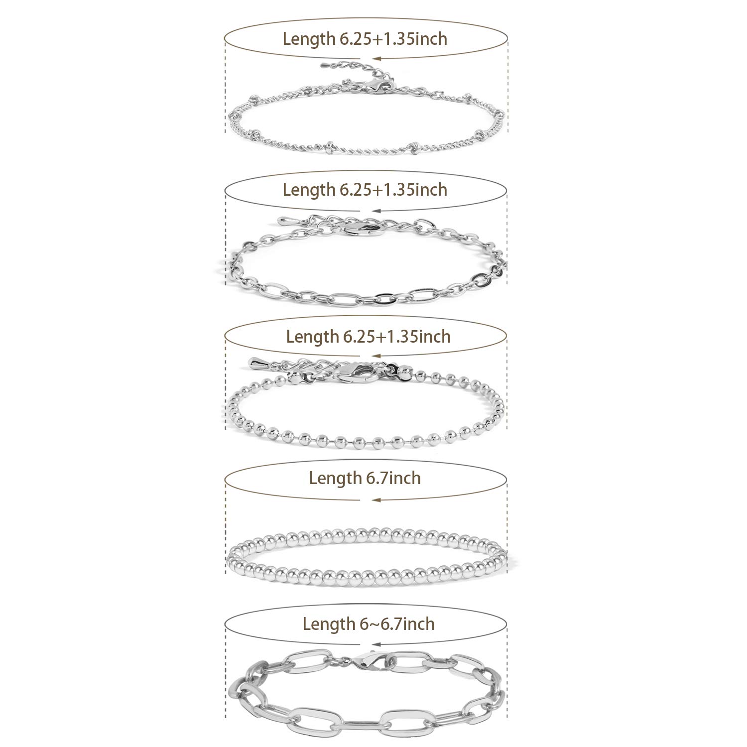 CONRAN KREMIX Silver Chain Bracelet for Women,Stake Layered Dainty Link Paperclip Bracelets Set,Trendy Silver Jewelry For Women