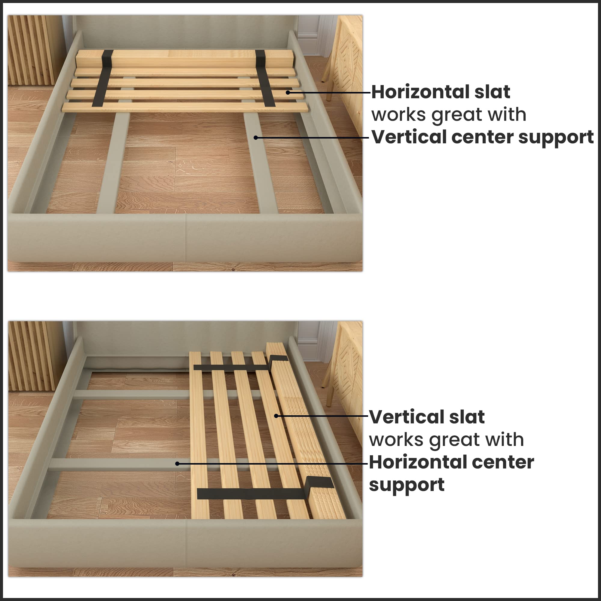 Mattress Comfort, 0.68-Inch Heavy Duty Horizontal Wooden Bunkie Board/Bed Slats, Full, Beige