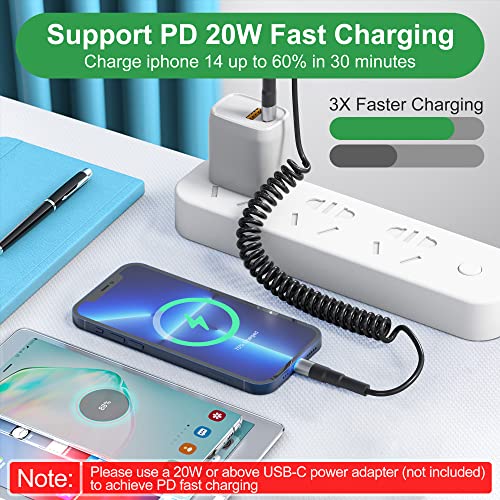 Coiled USB C to Lightning Cable, Apple Carplay Cable [Apple MFi Certified] Retractable iPhone Charger Cord with Data Sync and Blue LED, Coiled Lightning Cable Carplay Compatible with iPhone Pad Pod