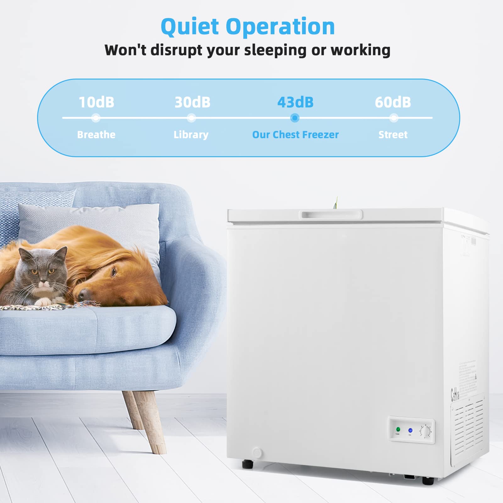 PETSITE 5 cu ft Chest Freezer, Compact Deep Freezer w/ 7-Grade Adjustable Temperature, Removable Storage Basket & 2 Wheels, Quiet & Energy-saving Freezer for Kitchen Apartment Office, White
