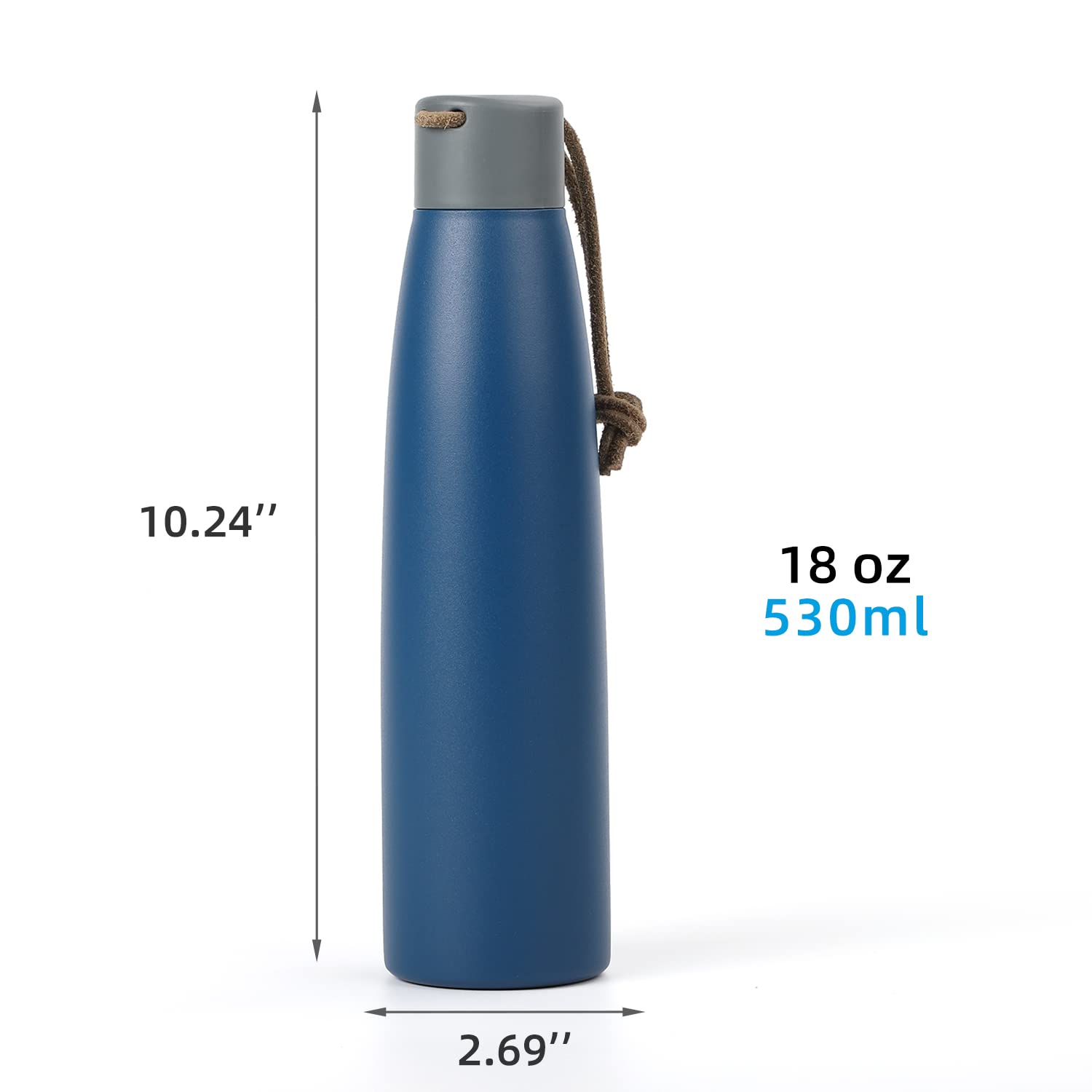 Dusgut Water Bottle, 18 oz Vacuum Insulated, Stainless Steel with Strap Cap, Navy Blue