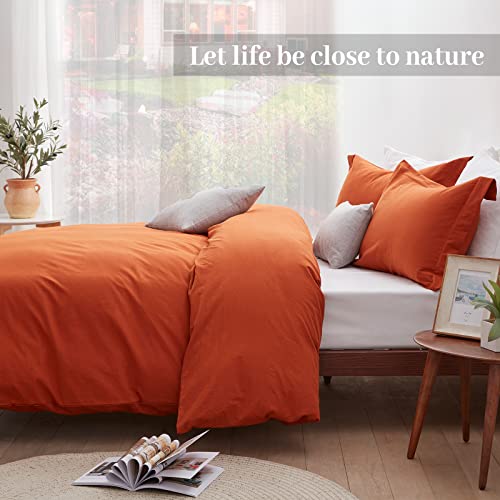 NexHome Burnt Orange Queen Washed Cotton Duvet Cover Set with Zipper Closure Soft Double Solid Blue Grey Color Bedding Duvet Cover 90x90 inches and Pillow Sham for All Seasons