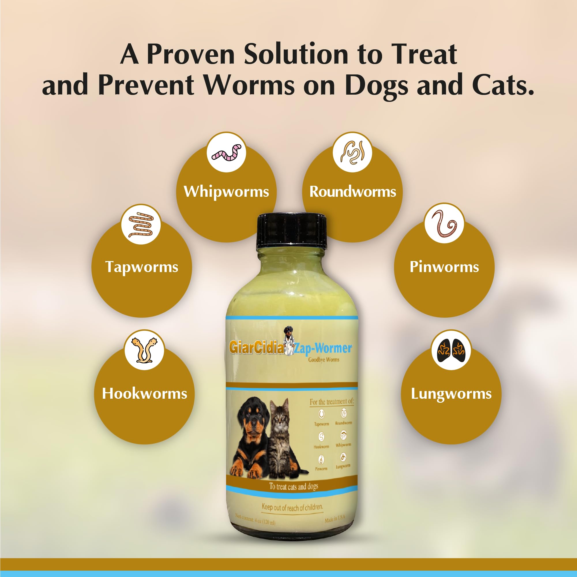 Giarcidia Say Goodbye to Tape Worm - Hook Worm - Pin Worm - Whip Worm - Round Worm - Lung Worm, Liquid, 4 oz - 3ml Dropper with Cap