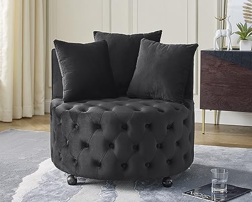 LKTART Velvet Upholstered Swivel Chair Sofa Chair with Wheels with Button Tufted Design and Movable WheelsIncluding 3 Pillows for Bedroom Reception Room Living Room Black