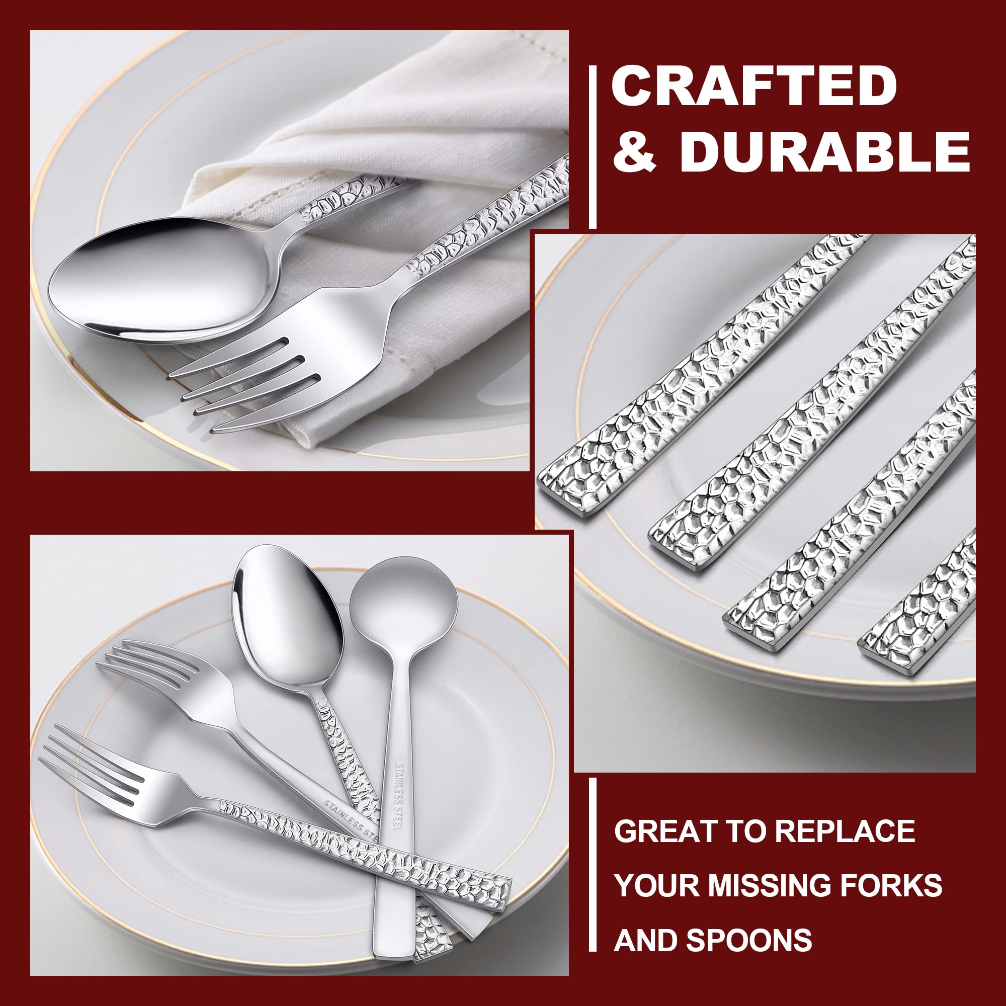 E-far 24-Piece Hammered Forks and Spoons Silverware Set, Stainless Steel Square 12 Dinner Forks and 12 Dinner Spoons, Modern Metal Flatware Cutlery for Kitchen and Restaurant, Dishwasher Safe-7.9 Inch