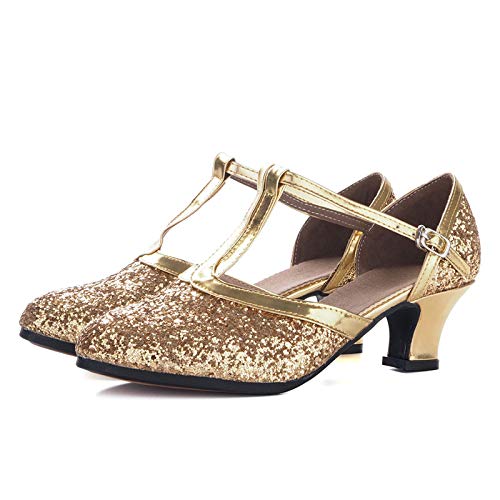 DKZSYIM Women's Latin Dance Shoes Ballroom Performance Dance Shoes Model KM838, Gold, 9 B(M) US
