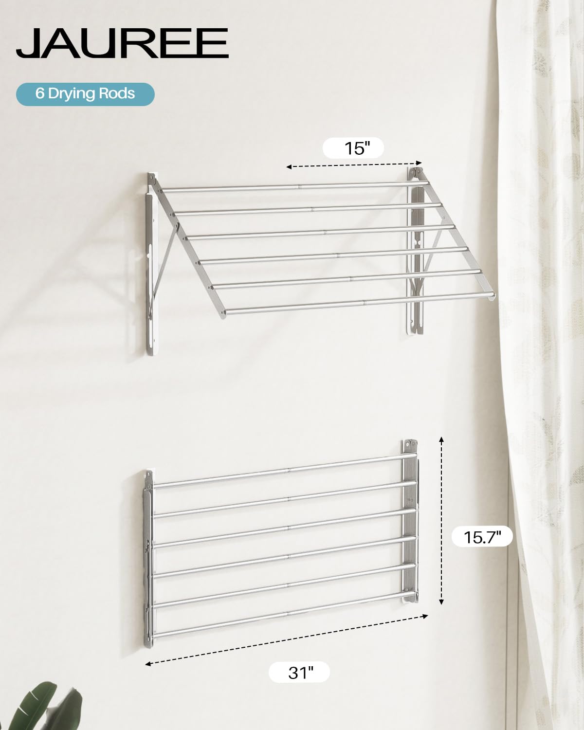 JAUREE Wall Mounted Clothes Drying Rack, Laundry Drying Rack Stainless Steel, Wall Drying Rack Clothing Foldable with 6 Drying Rods, Space Saving Wall Clothes Dryer Rack