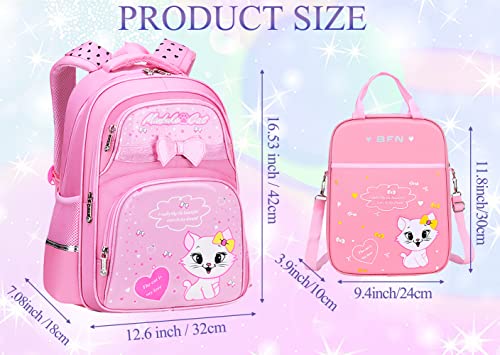 MOCCNORA Girls Backpack 16 Inch Cute Cat Backpack for Girls Princess Bowknot Backpack with Lunch Bag for Primary Students