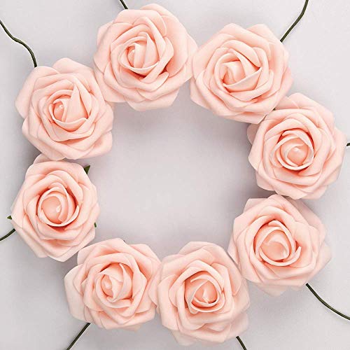 Mocoosy 50pcs Artificial Rose Flowers, Pink Roses Blush Real Touch Foam Fake Rose Bulk with Stem for Wedding Bouquets Centerpieces Wedding Shower Party Home DIY Decoration