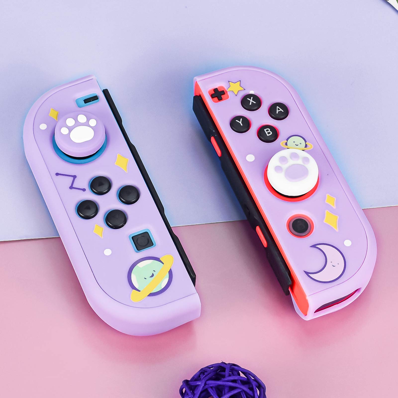 DLseego Dockable Protective Case Design for Switch, Newest Pattern Cute Design Hard Cover with 2 pcs Glass Screen Protectors and 4 pcs Thumb Grips - Purple