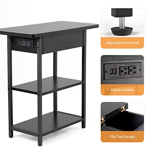 TILLMAO Narrow End Table with Charging Station, Side Table with Storage for Small Spaces, Flip Top Nightstand/Bedside Table/Sofa Couch Table/Slim End Table for Living Room Bedroom Office…