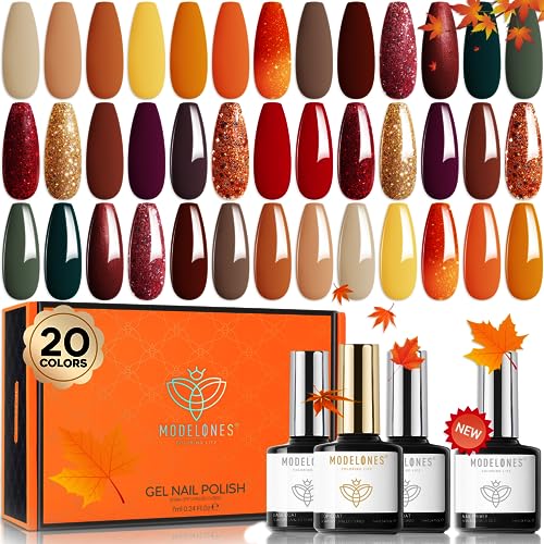 modelones 20 Colors Gel Nail Polish Kit- Fall Winter 24 Pcs Gold Orange Gel Polish Set Yellow Brown Soak Off Nail Polish Kit with Bond Primer Glossy& Matte Top Base Coat DIY Nail Art