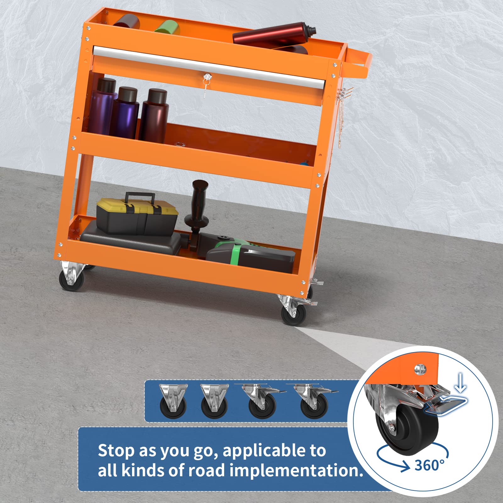 Generic 3-Tray Tool Cart on Wheels, Orange, 300 Lbs Capacity, with Drawers, Rolling Tool Cart, Ideal for Garage, Warehouse, Repair Shop