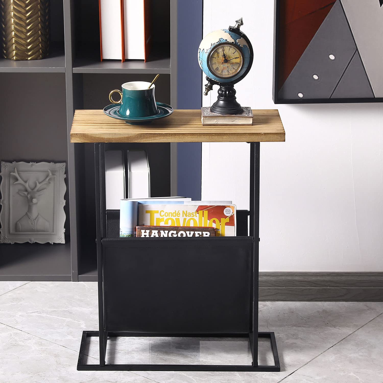 MyGift 21-Inch Modern Narrow Living Room End Table with Solid Burnt Wood Tabletop and Black Metal Frame, Bedroom Nightstand Side Table with Magazine Holder Sling