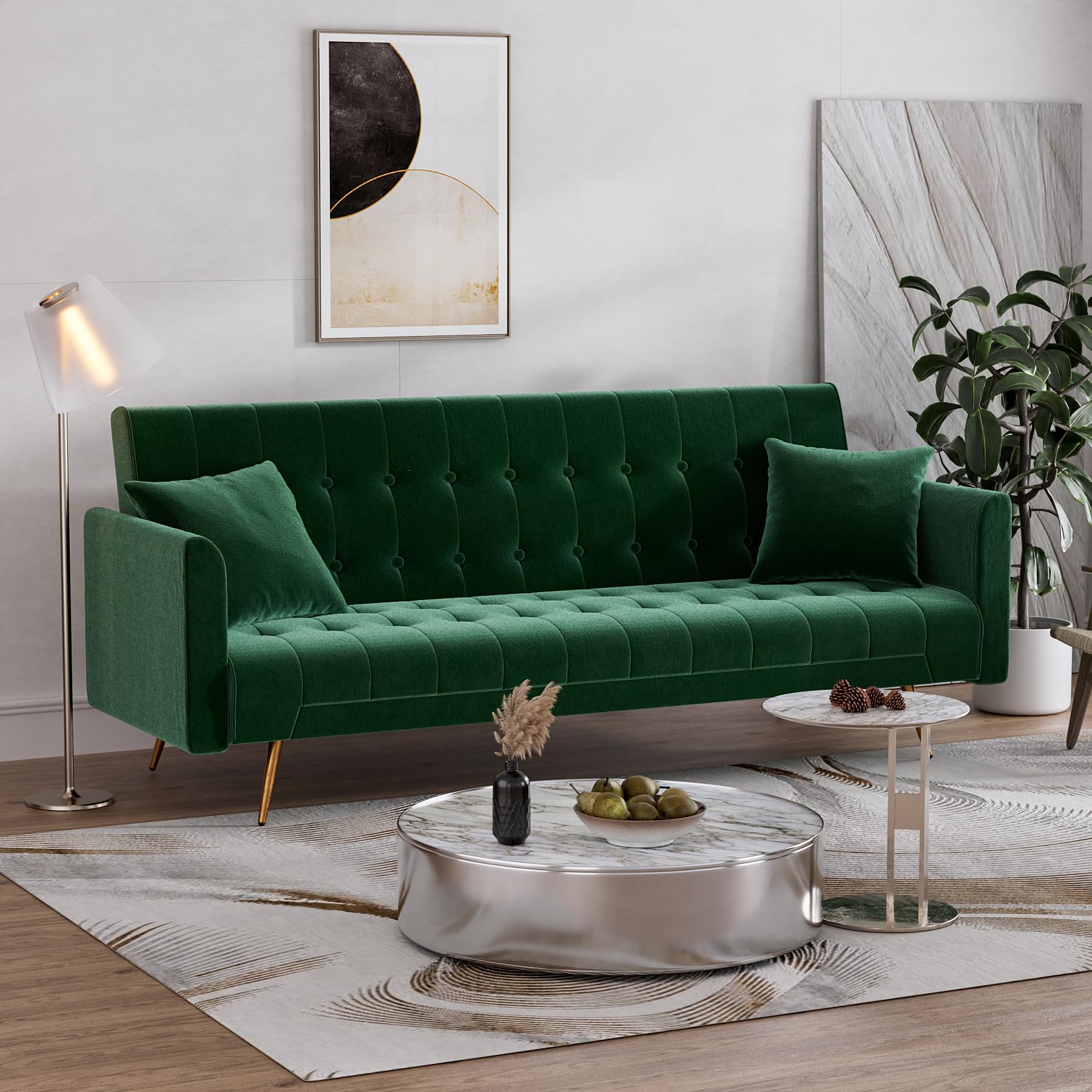 OUYESSIR Velvet Futon Sofa Bed, Convertible Futon Couch, Sturdy Sleeper Sofa in 71 inch, Small Futon Sofas (Green)