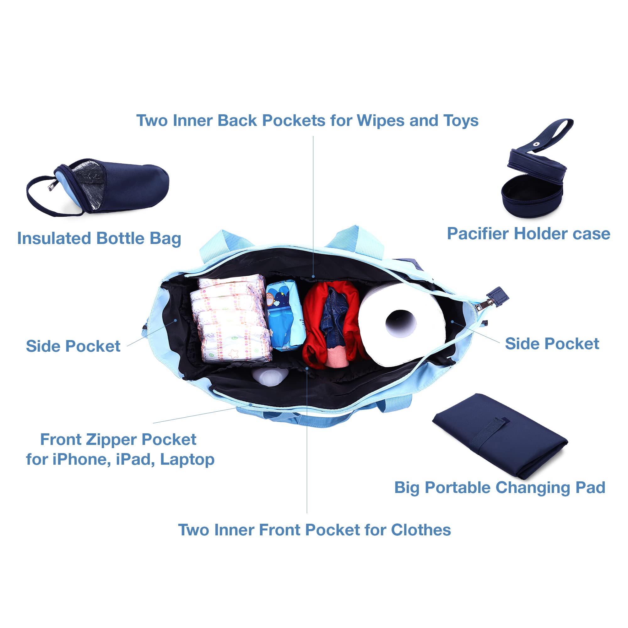 Lumier Diaper Tote Bag -Travel Bag with Changing Pad, Stroller Strap, Pacifier Case -Baby Boy Girl Registry Gift for Mom,Dad