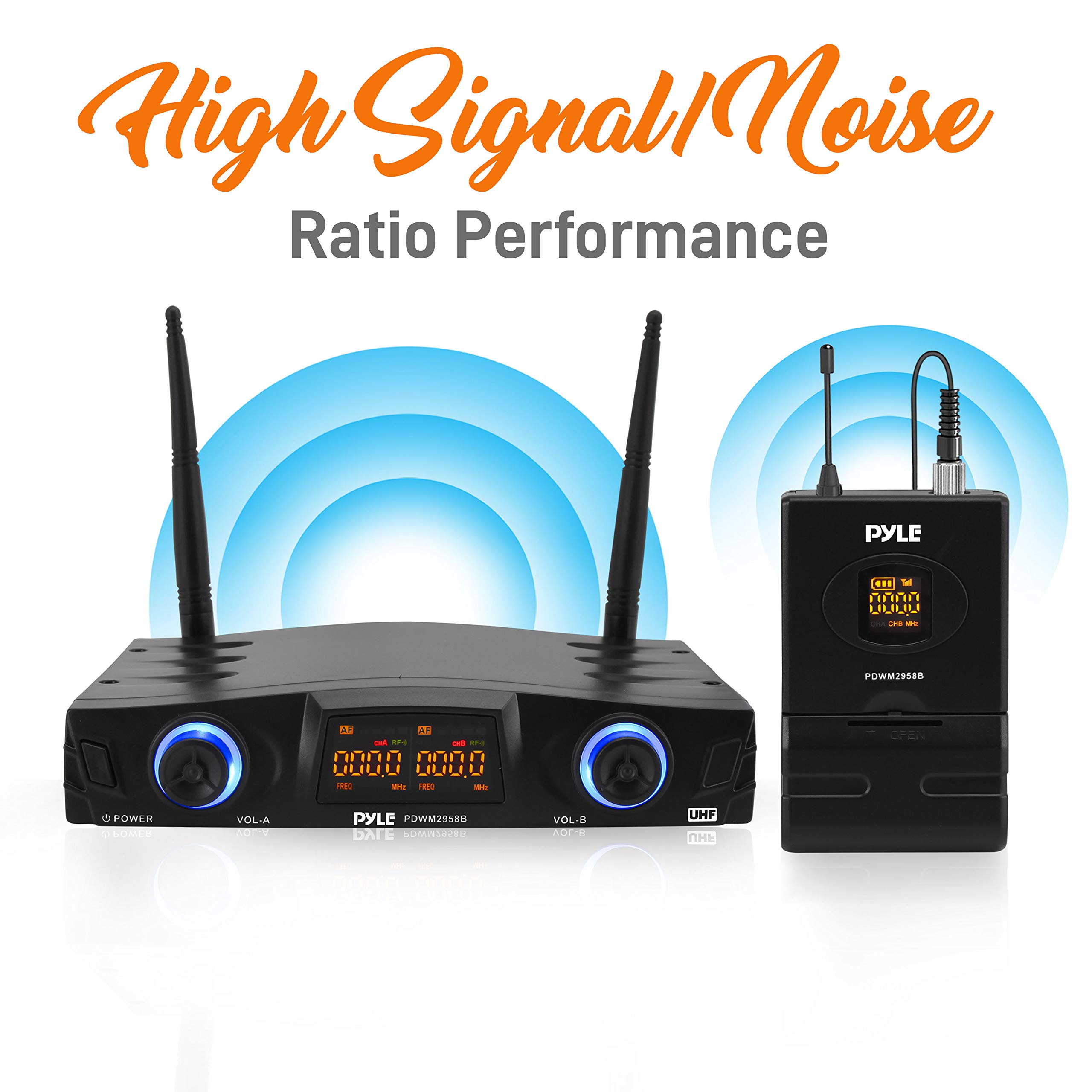 Compact UHF Wireless Microphone System - Pro Portable Dual Channel Desktop Digital Mic Receiver Set w/ 2 Belt-Pack Transmitter, Receiver, 2 Headset, Lavalier Mics, XLR, for Home, PA - Pyle PDWM2958B