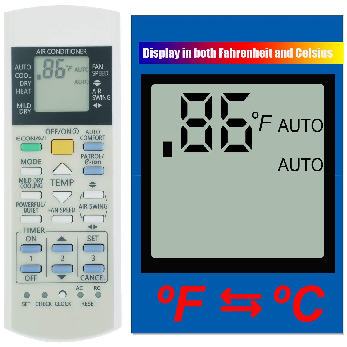 Replacement for Panasonic Air Conditioner Remote Control CS-E18JKK CS-E18NKUA CS-E22JKK CS-E24NKUA CS-E18NKUA CS-E24NKUA