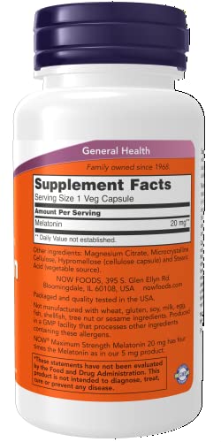 NOW Supplements, Maximum Strength Melatonin 20 mg, Healthy Sleep Cycle*, Free Radical Scavenger*, Gastrointestinal Support*, 90 Veg Capsules