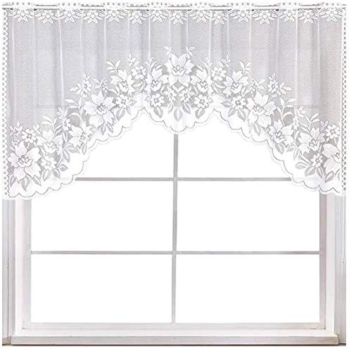 WUBODTI Lace Swag Valance Curtains for Kitchen, White Sheer Floral Embroidery Vintage Window Valances Hollow Knitted Voile Drapes for Living Room Bathroom Cafe Dining Room Small Windows, 63" Wx24”H
