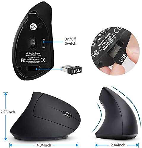 shoplease Rechargeable Wireless Vertical Mouse, 2.4G Wireless Ergonomic Optical Mouse with 3 Adjustable 800/1200 /1600 DPI, Suitable for Big Hands