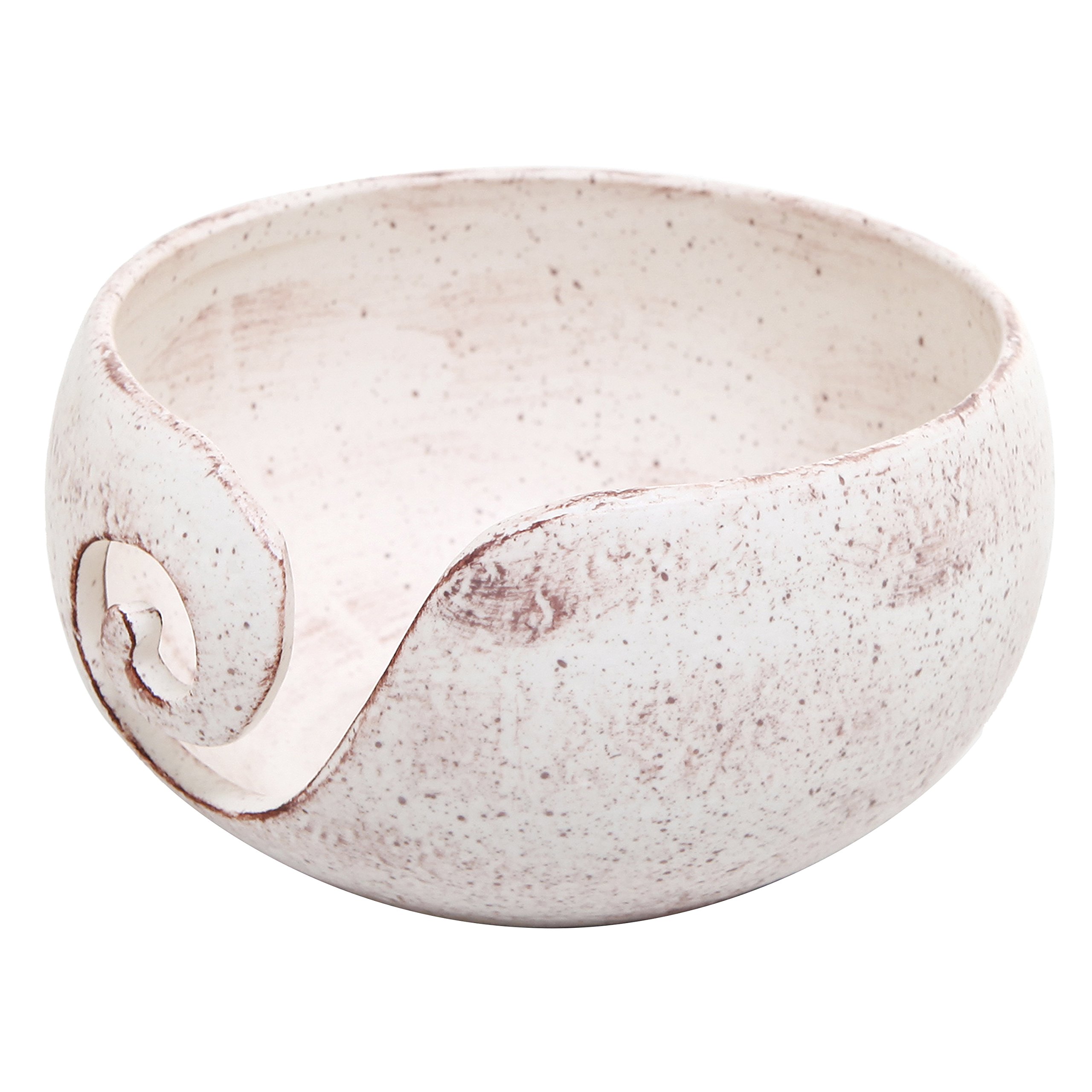 MyGift Cream Ceramic Tangle-Free Yarn Ball Bowl, Rustic Handcrafted Knitting Crochet Bowl with Cut Out Swirl