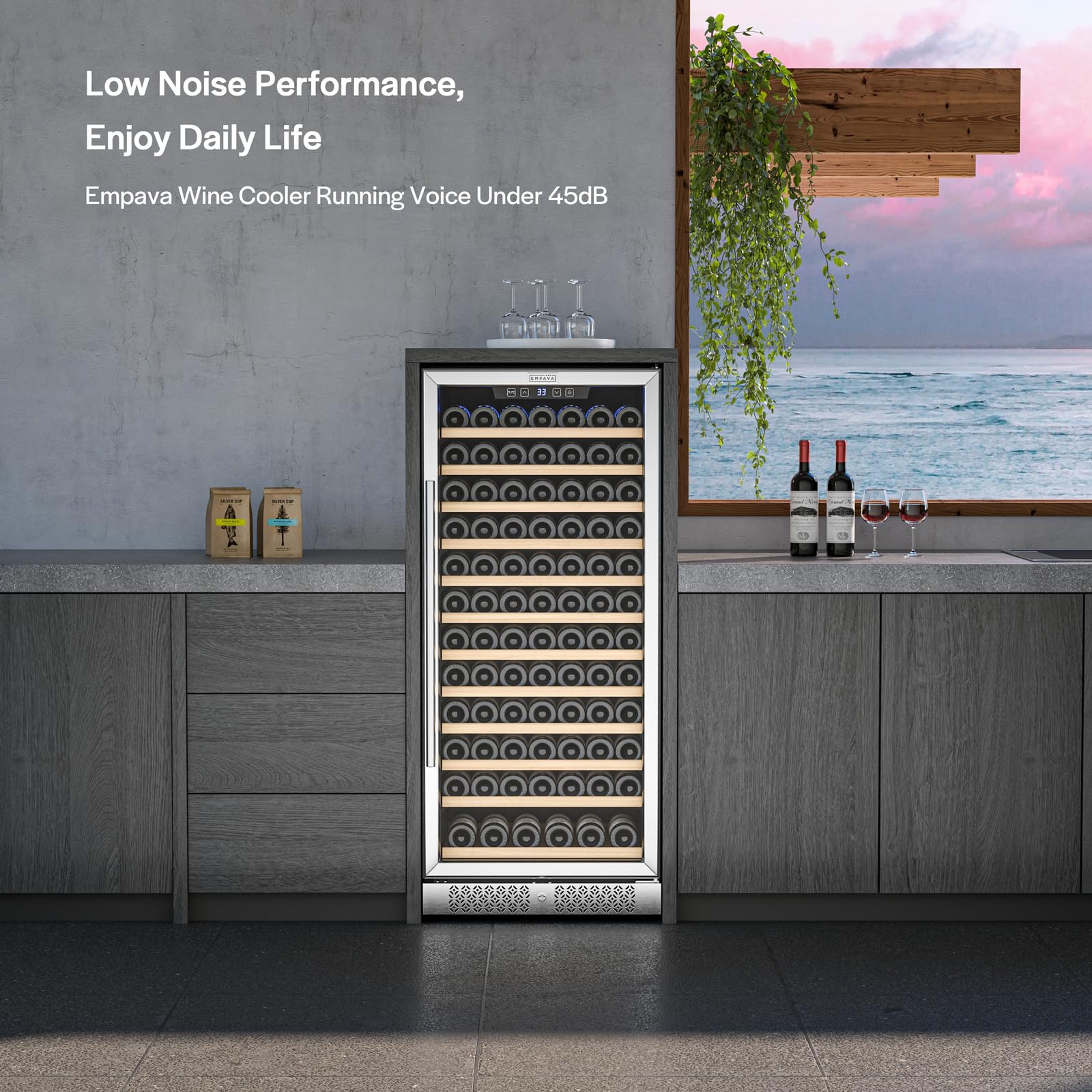 Empava 24" Refrigerator 127 Bottles Single Zone Built in or Freestanding Compressor Fridge Chiller Wine Cooler with Wood Shelves, 24 Inch, Stainless Steel