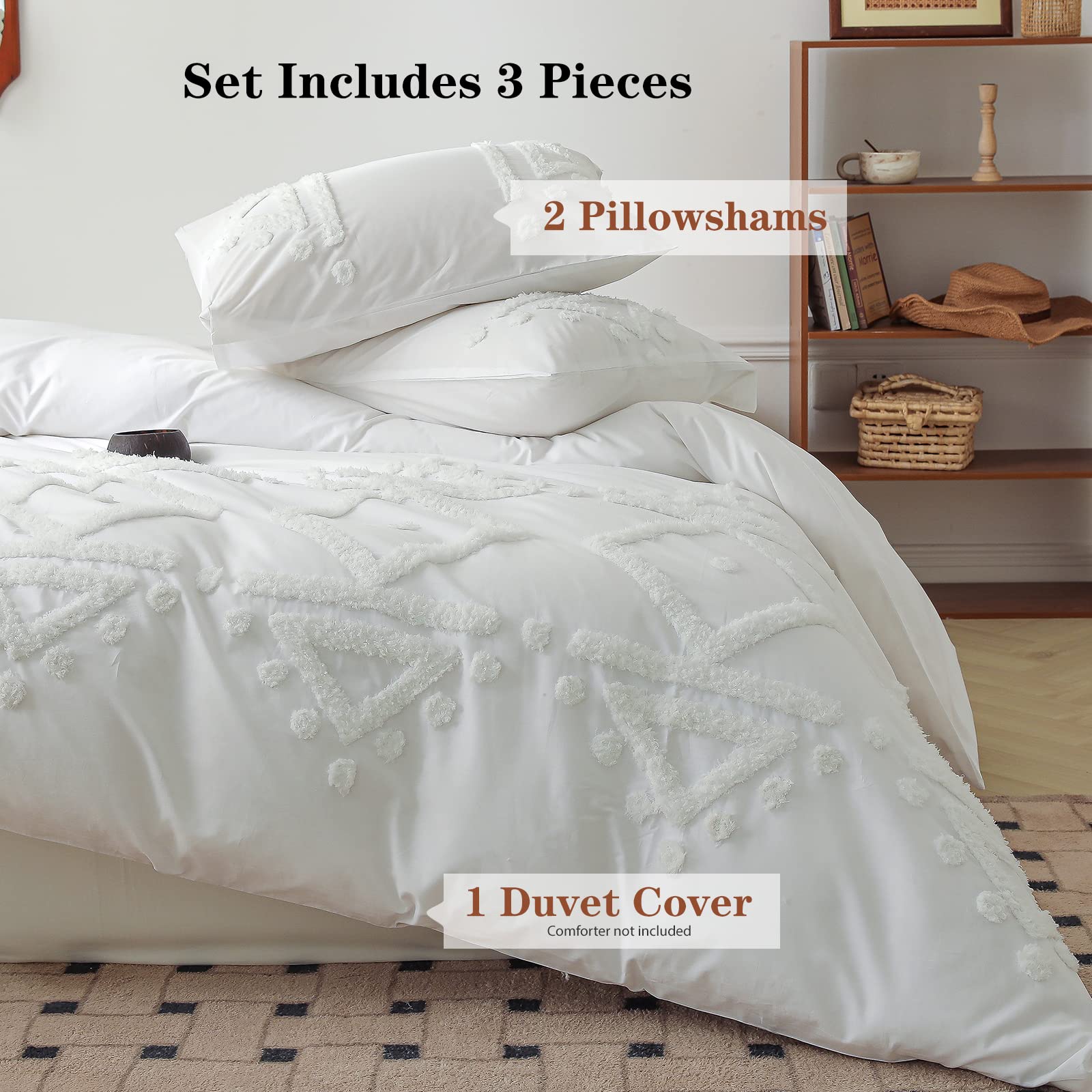 Simple&Opulence 100% Cotton Boho Tufted Duvet Cover Set, 3Pcs Textured Embroidery Comforter Cover Set -1 Duvet Cover&2 Pillowcases, Jacquard Shabby Chic Farmhouse Bedding for All Season(White, Queen)