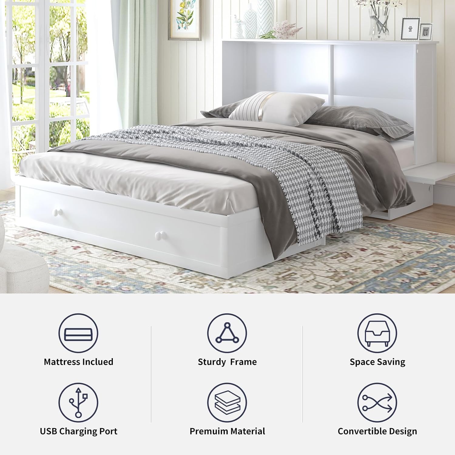 ijuicy Murphy Bed Queen, Cube Multifunctional Murphy Cabinet Bed with Charging Station & 3 Level Foldable Memory Foam Mattress & Large Drawer for Guests Room-Pure White