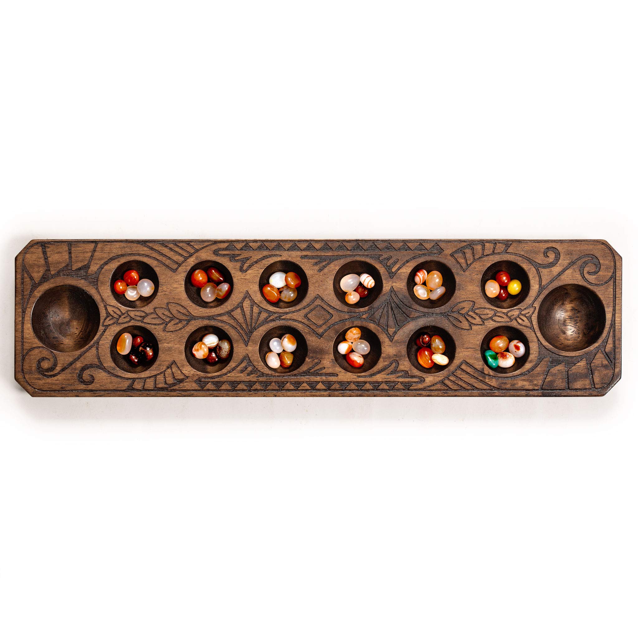 Yellow Mountain Imports Mancala Set with 17.3-Inch Solid Wood Board and Quartz Pebble Playing Pieces