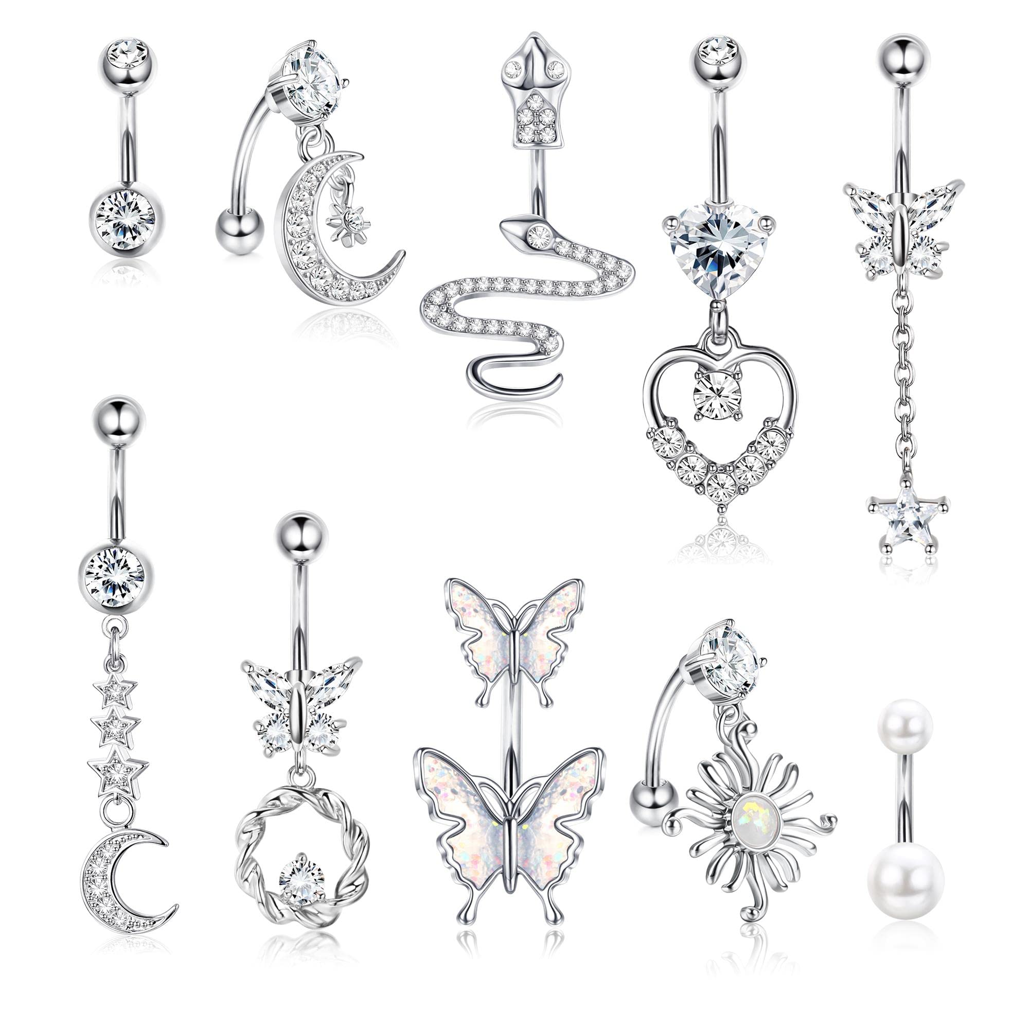 DOLOTTA 10Pcs 14G Stainless Steel Dangle Belly Button Rings Screw Reverse Curved Navel Barbell Piercing Jewelry for Women Silver Tone