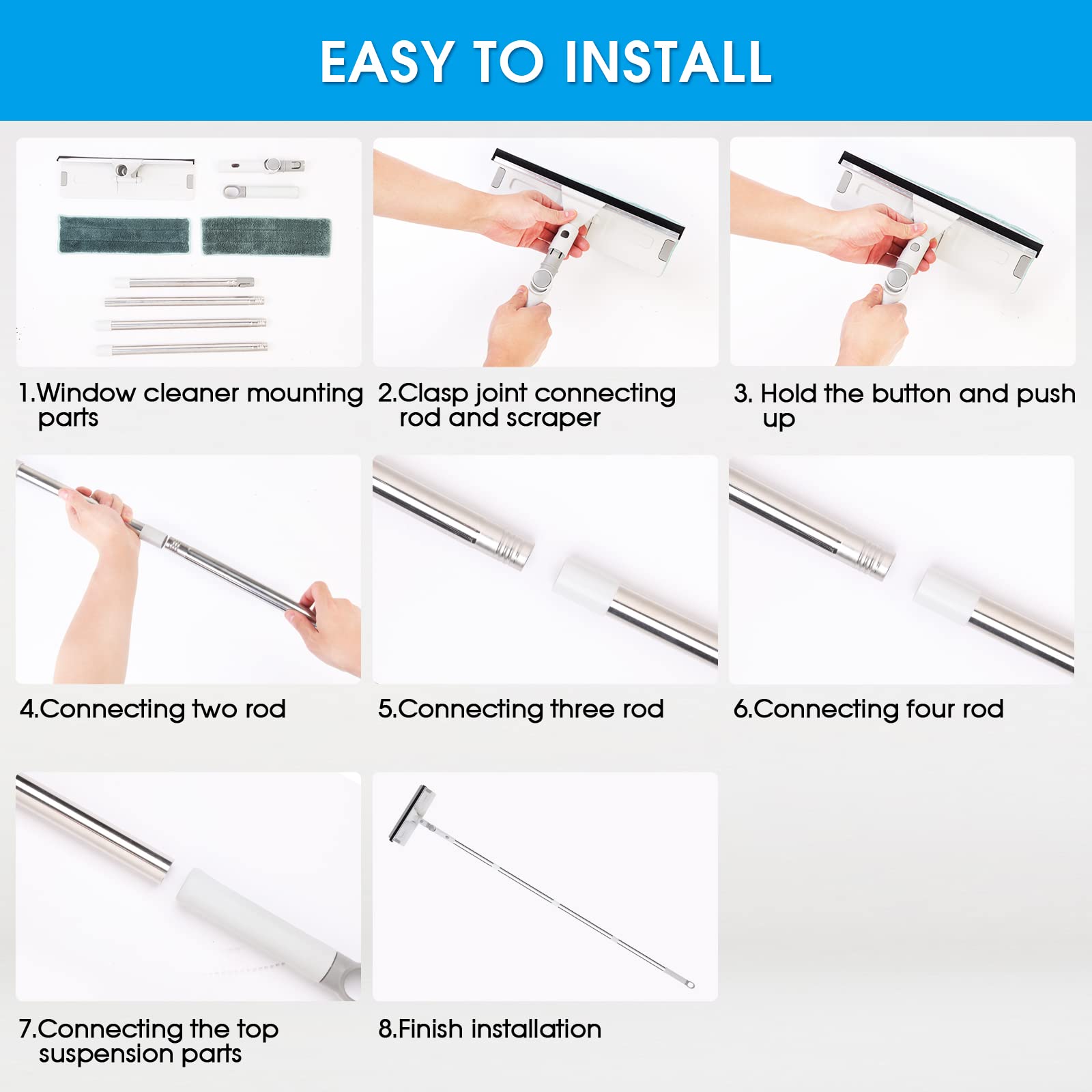 Coopvivi Window Squeegee, 2 in 1 Window Cleaning Combo Tool, Window Cleaning Tool Kit with 67'' Long Extendable Handle for Indoor & Outdoor, Car, Shower, Mirrors, Sliding Door (Gray)