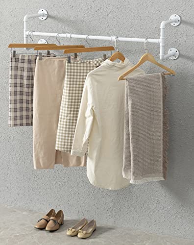 Industrial Pipe Clothes Racks, Wall Mounted Garment Racks, Space-Saving Display Hanging Clothing Racks, Heavy Duty Steampunk Detachable Multi-Purpose Hanging Rod for Closet Storage, Black (White)