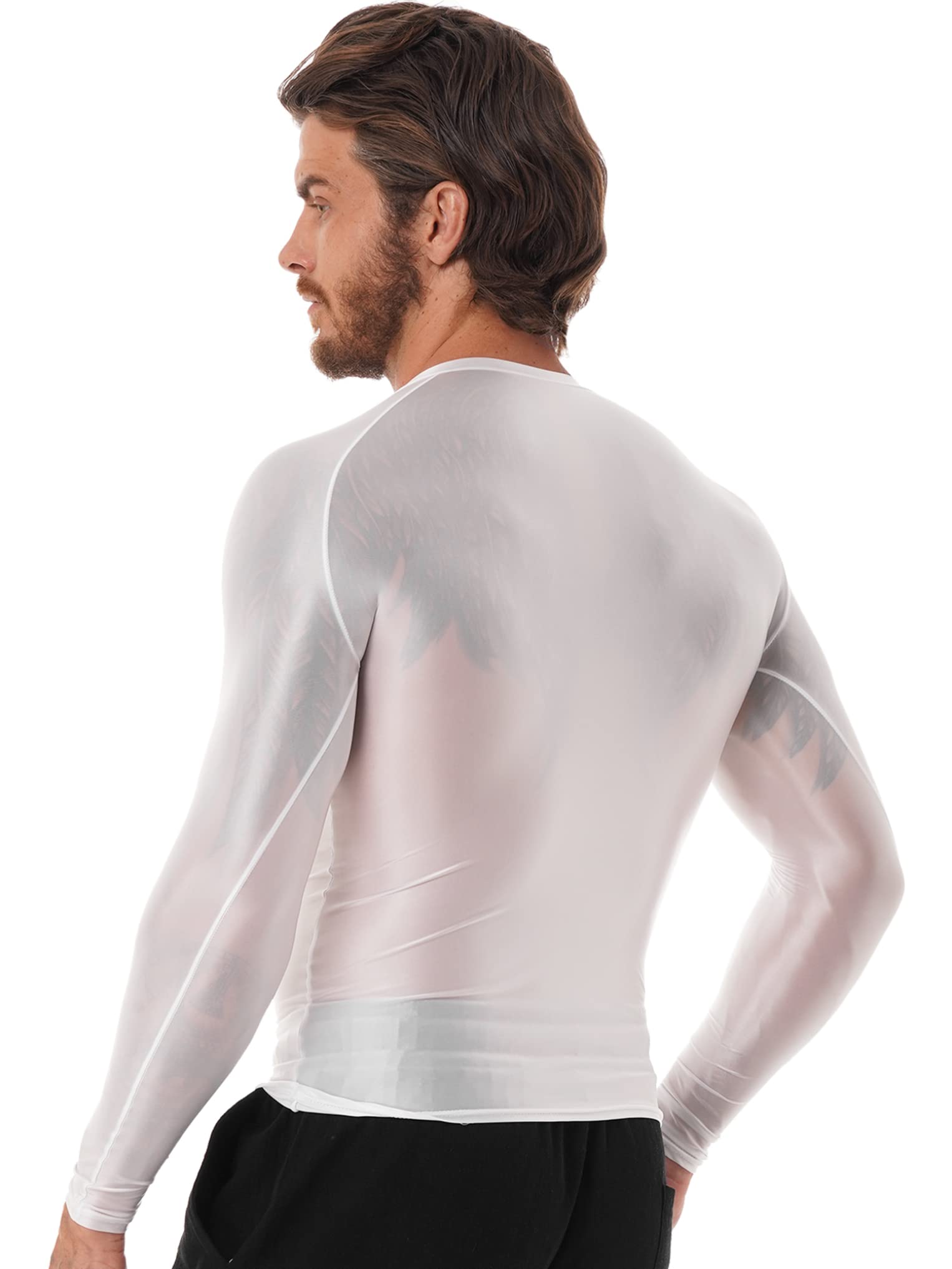 Doomiva Mens Long Sleeve Tops Round Neck Skinny T-Shirt Solid Color Elastic Sportswear Shapewear White Large