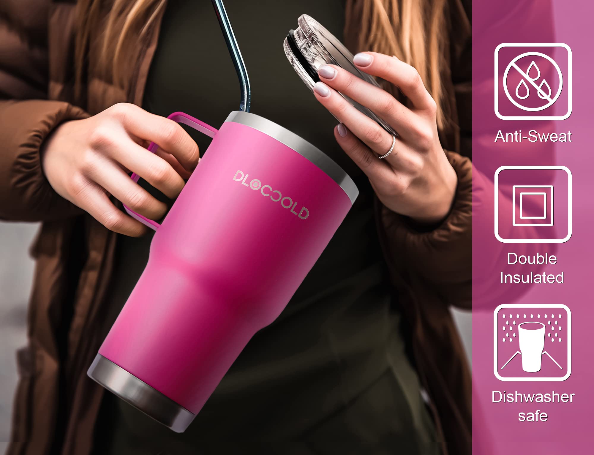 DLOCCOLD 30 oz Tumbler with Handle, Stainless Steel Insulated Travel Coffee Mug with Lid and Straw, Thermal Coffee Cup for Hot&Cold Drinks,Spill Proof,Cup Holder Friendly,Dishwasher Safe,BPA Free