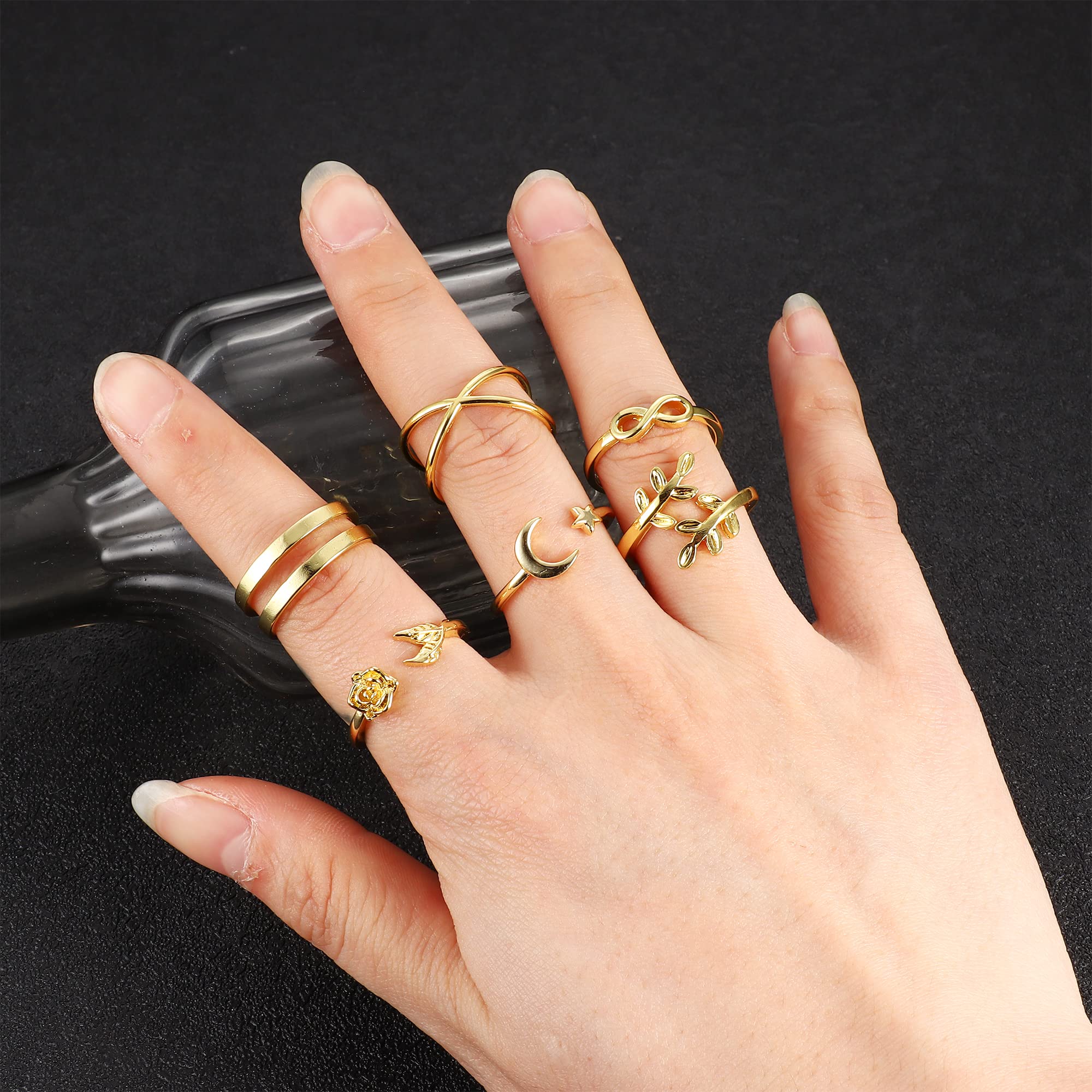 DOLOTTA 12 Pcs Open Knuckle Rings Set for Women Arrow Knuckle Rings Rose Moon Star Stackable Rings Thumb Adjustable Rings Set