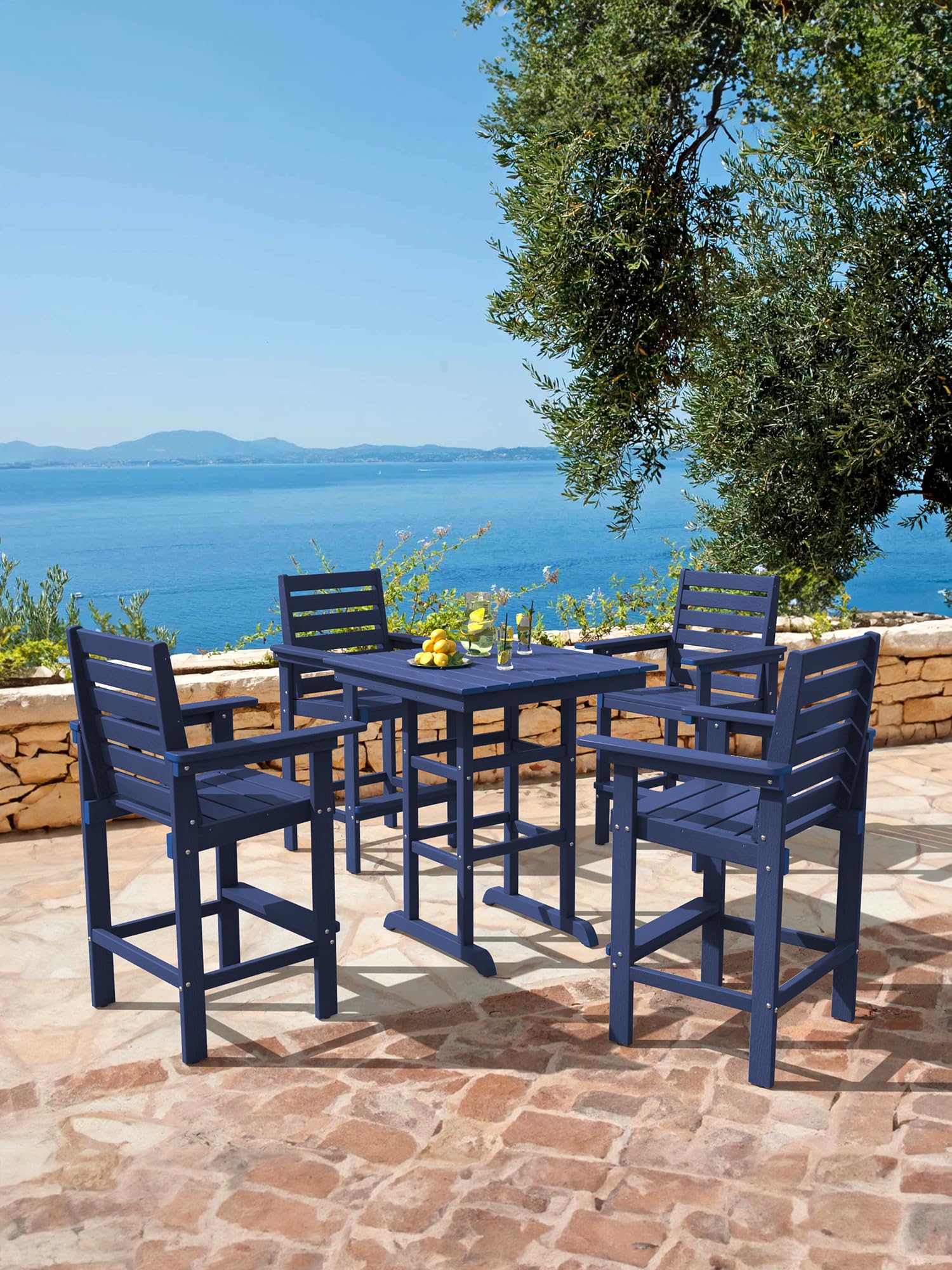 Homenjoy Outdoor Bar Set for 2 Persons, HDPE Weather Resistant Bar Height Patio Set, Patio Square Bar Pub Table and Chairs with Armrest, Bar Table Set for Deck Pool Backyard Balcony, Navy